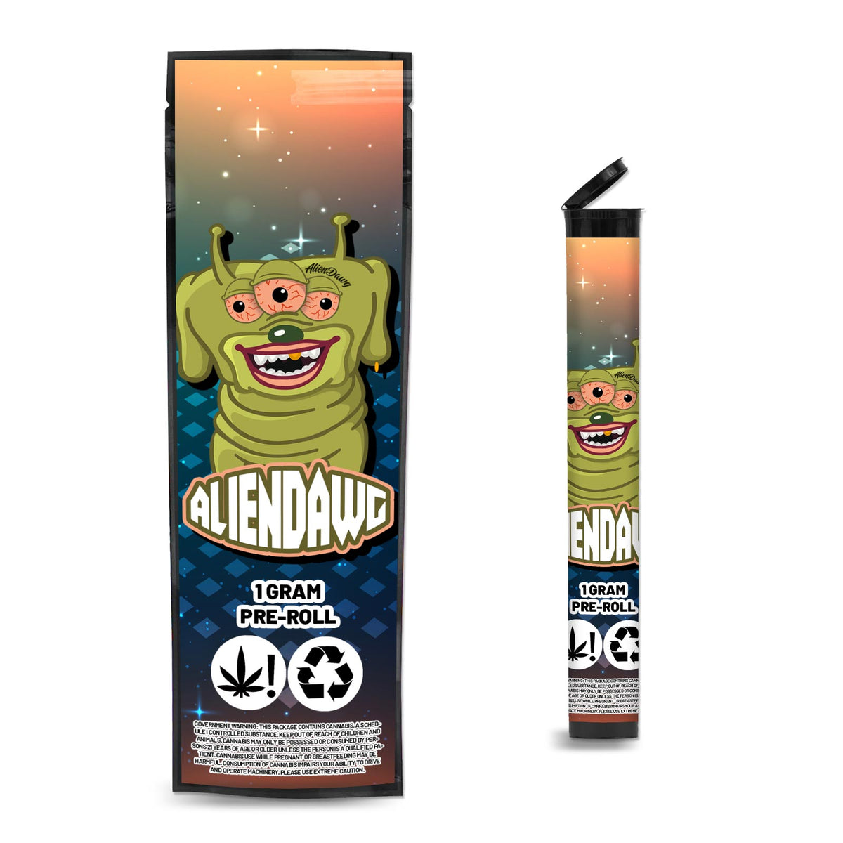 Alien Dawg Pre Roll Mylar & Pop Tops – Green Buddha Packaging Alien Dawg Pre Roll Mylar & Pop Tops – Green Buddha Packaging