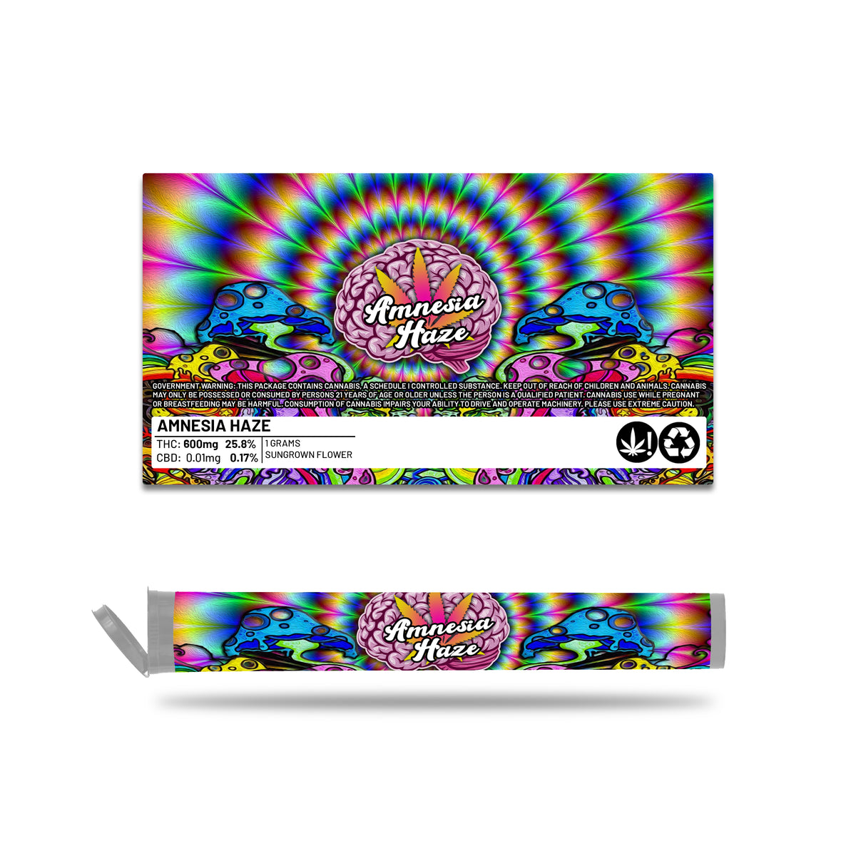 Amnesia Haze Pre Roll Pop Top Stickers 1g Green Buddha Packaging